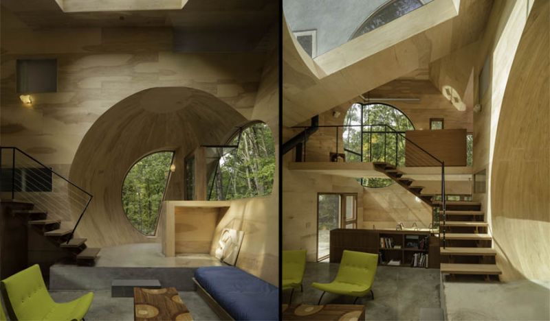 La maison en bois de Steven Holl, avec une grande baie vitrée toute ronde